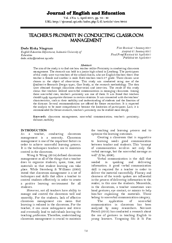 (PDF) TEACHER’S PROXIMITY IN CONDUCTING CLASSROOM MANAGEMENT (A Case ...