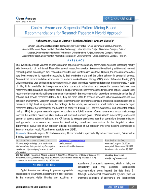 (PDF) Context-Aware and Sequential Pattern Mining based recommendations for Research Papers: A ...