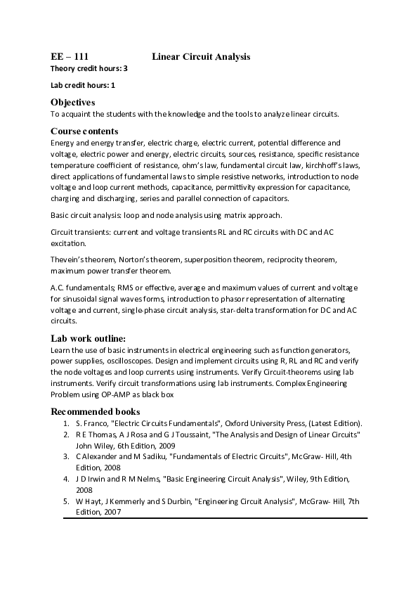(DOC) Linear circuit analysis course outline by HU under HEC