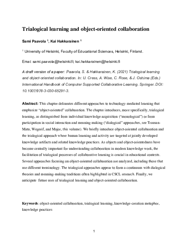 (PDF) Paavola & Hakkarainen (2021) Trialogical learning and object-oriented collaboration