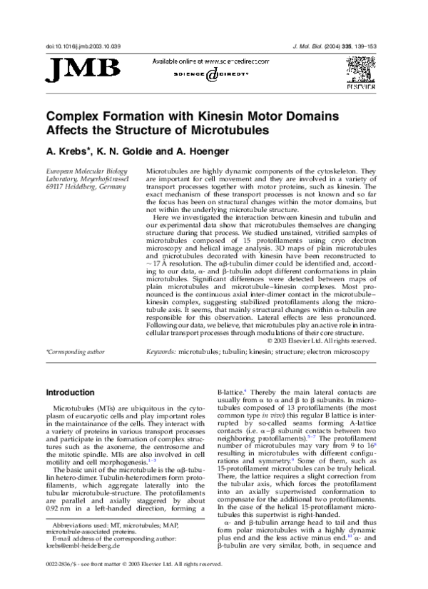 (PDF) Complex Formation with Kinesin Motor Domains Affects the ...