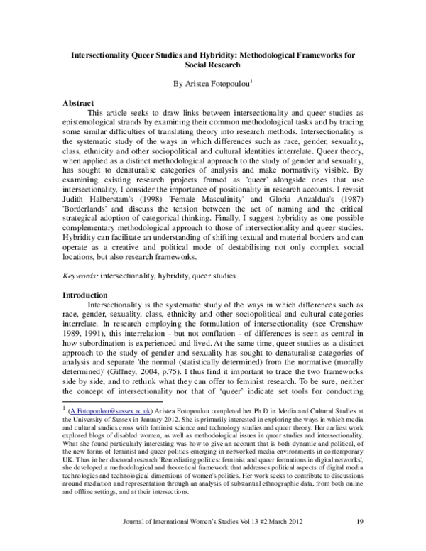 (PDF) Intersectionality Queer Studies and Hybridity: Methodological ...