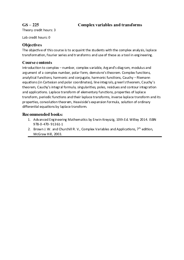 (DOC) Complex variable and transform course outline by HU under HEC