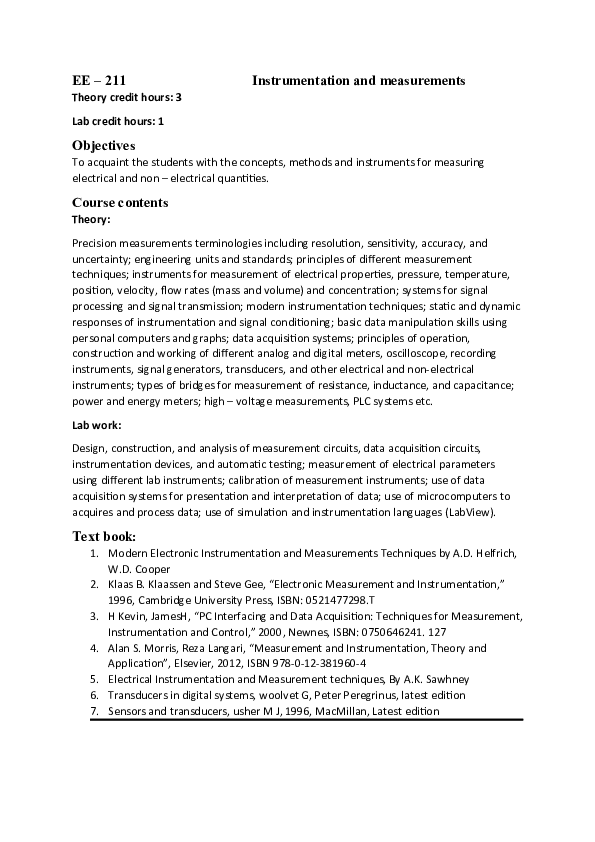 (DOC) Instrumentation and measurement course outline by HU under HEC