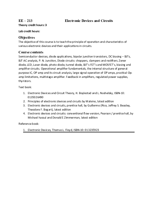 (DOC) Electronic Devices and Circuits course outline by HU under HEC