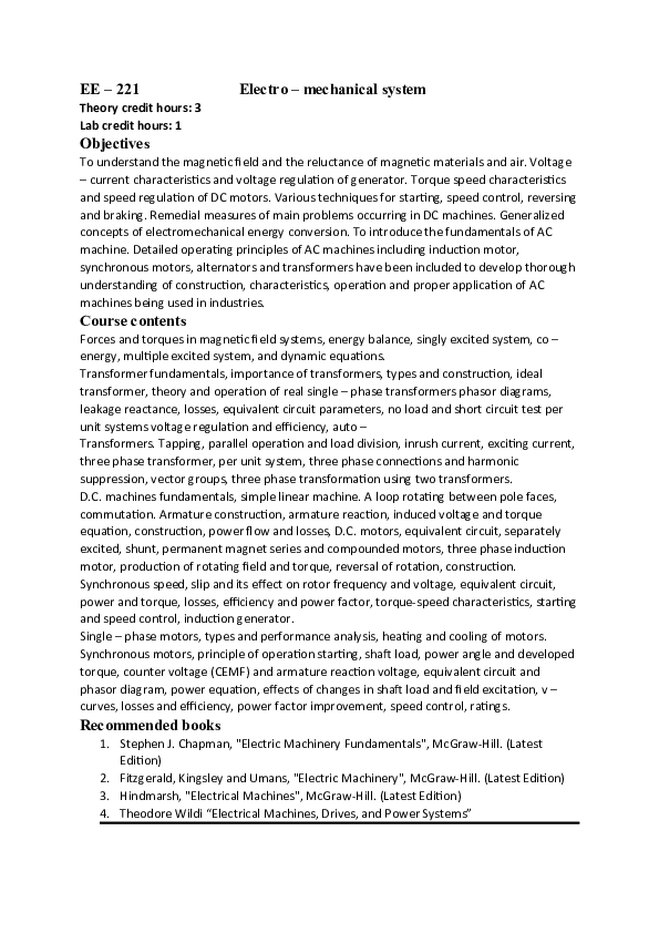 (DOC) Electromechanical system course outline by HU under HEC
