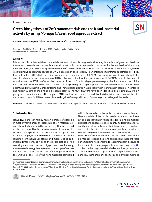(PDF) Green biosynthesis of ZnO nanomaterials and their anti-bacterial activity by using Moringa ...