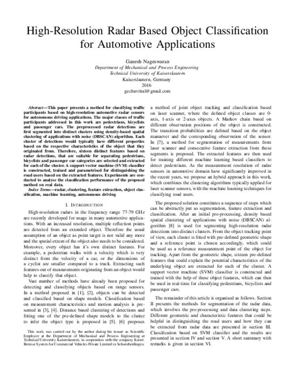 Pdf High Resolution Radar Based Object Classification For Automotive Applications