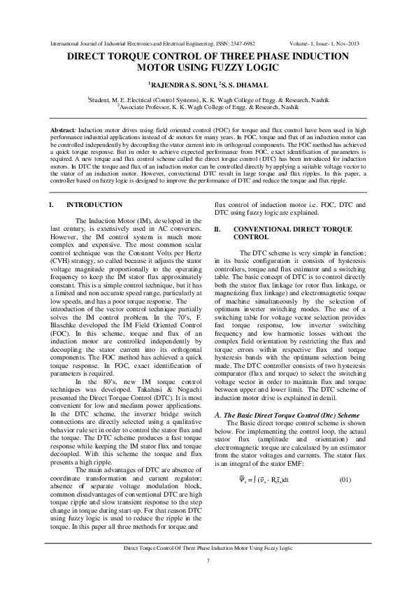 Pdf Direct Torque Control Of Three Phase Induction Motor Using Fuzzy