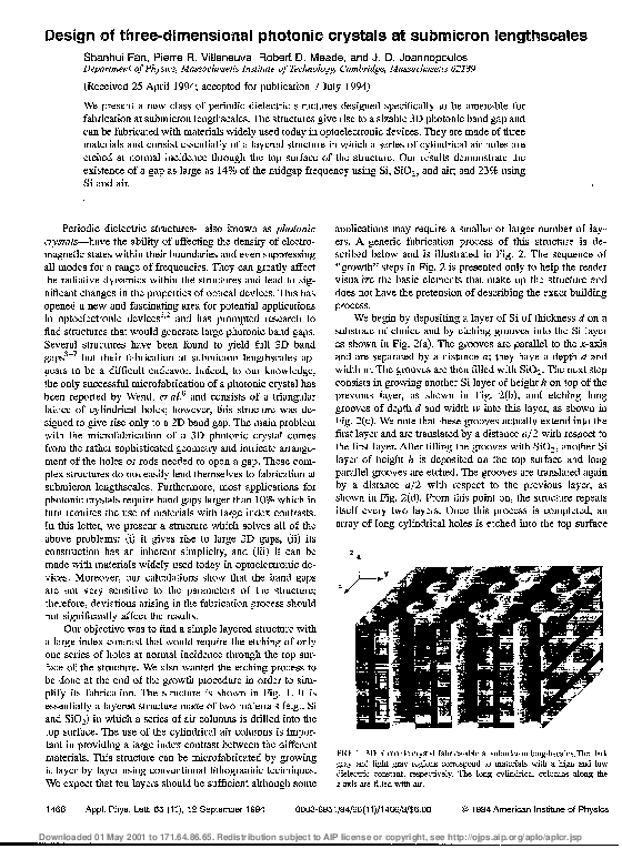 (PDF) Design of three‐dimensional photonic crystals at submicron lengthscales