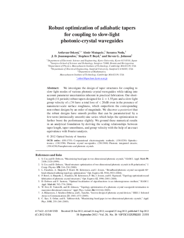 (PDF) Robust optimization of adiabatic tapers for coupling to slow-light photonic-crystal waveguides