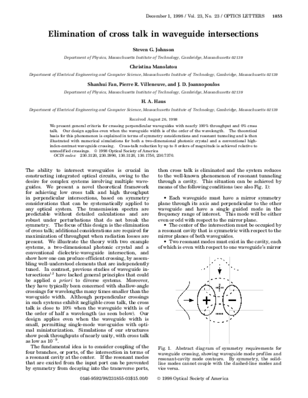 (PDF) Elimination of cross-talk in waveguide intersections of triangular lattice photonic crystals