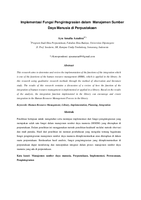 (PDF) Implementasi Fungsi Pengintegrasian dalam Manajemen Sumber Daya Manusia di Perpustakaan