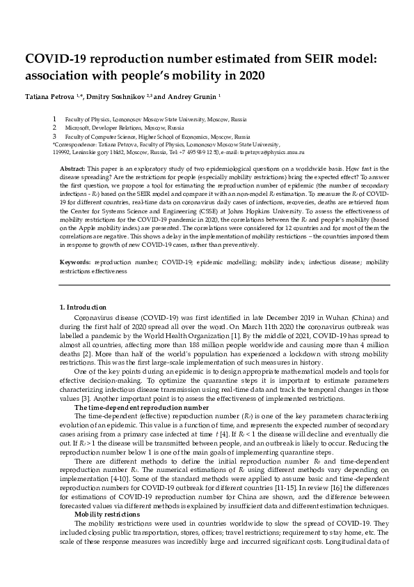 (PDF) COVID-19 reproduction number estimated from SEIR model ...