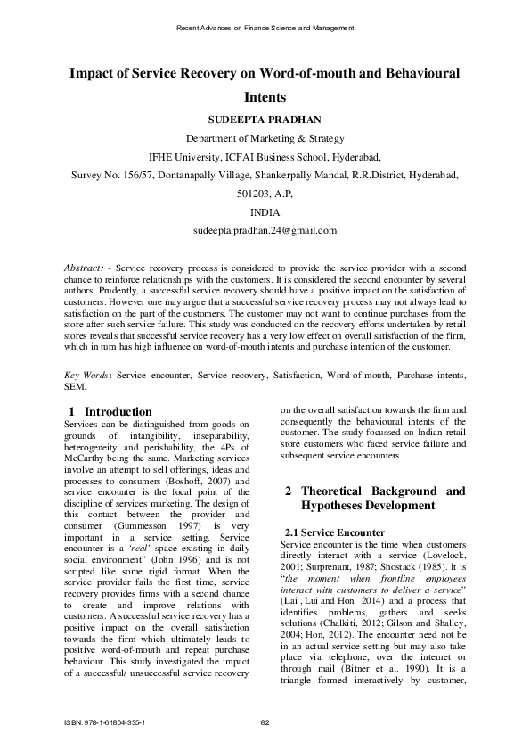 (PDF) Impact of Service Recovery on Word-of-mouth and Behavioural