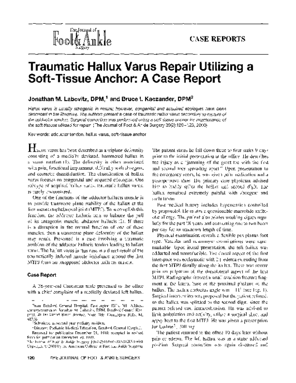 (PDF) Traumatic hallux varus repair utilizing a soft-tissue anchor: A ...