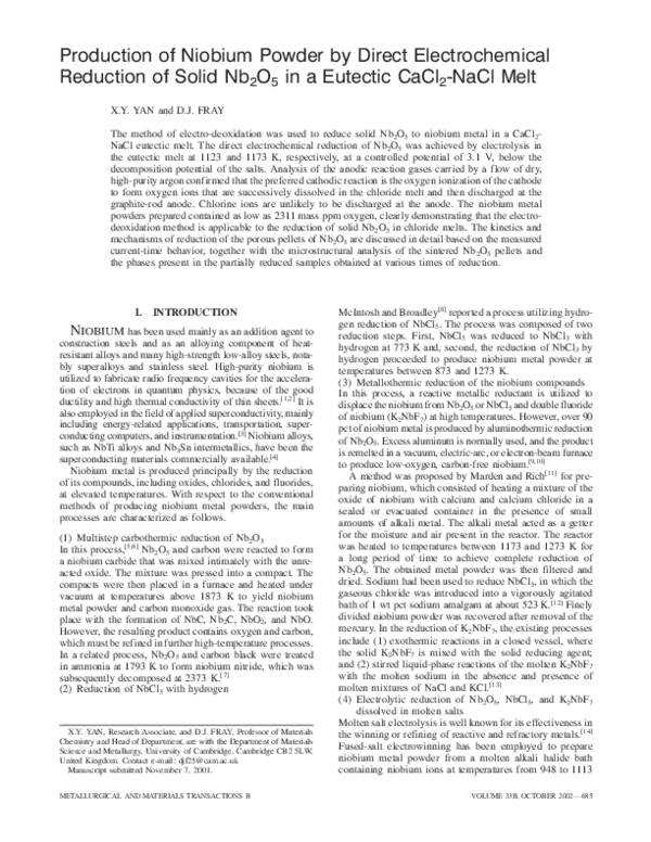 (PDF) Production of niobium powder by direct electrochemical reduction ...