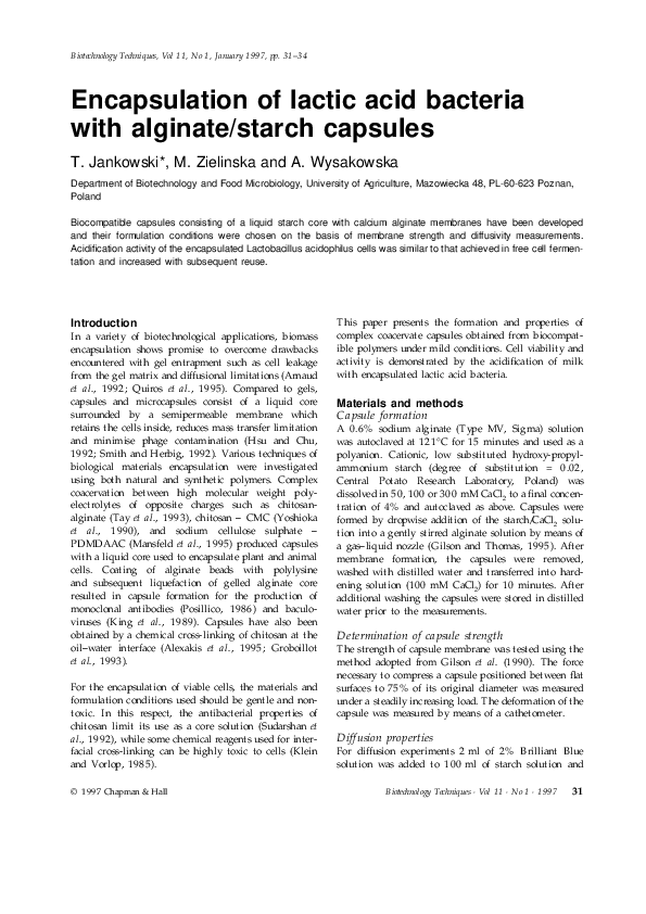 (PDF) Encapsulation of lactic acid bacteria with alginate/starch capsules
