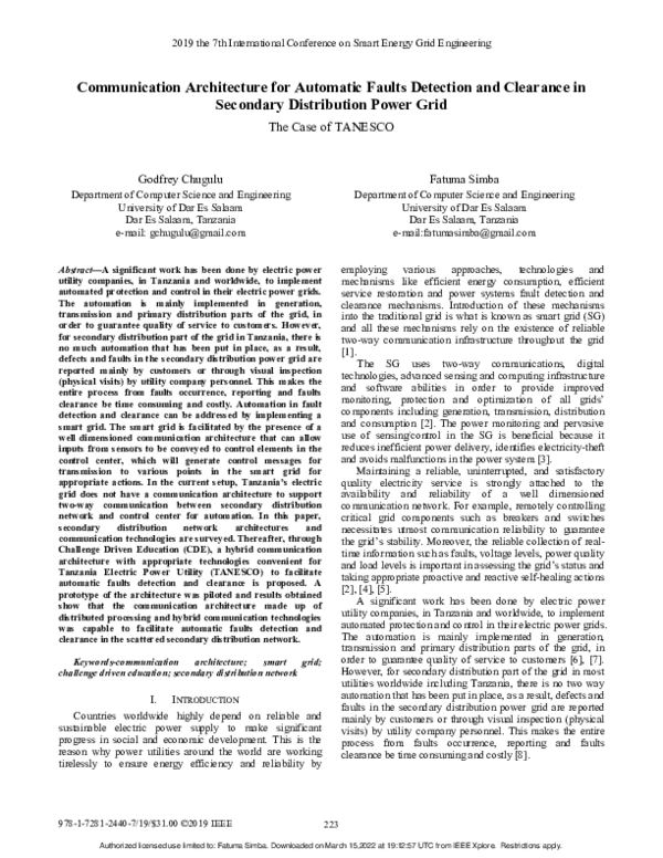 (PDF) Communication Architecture for Automatic Faults Detection and Clearance in Secondary ...