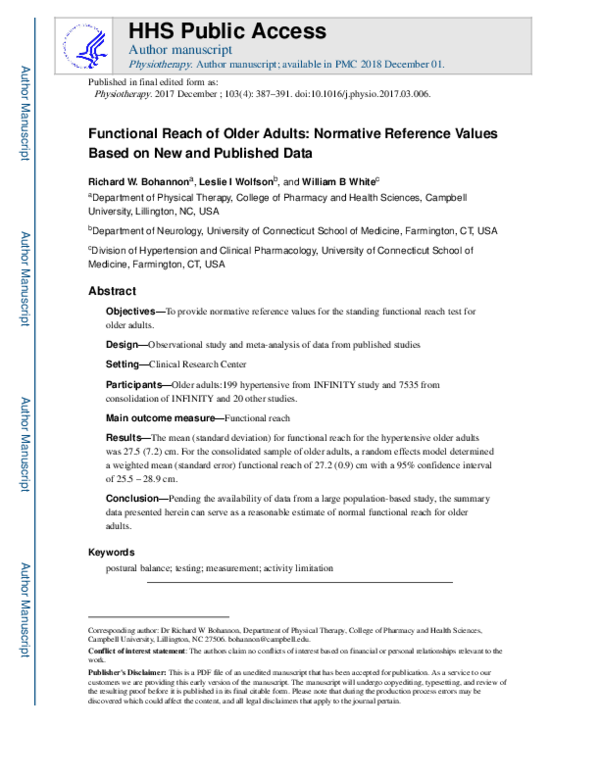 (PDF) Functional reach of older adults: normative reference values ...