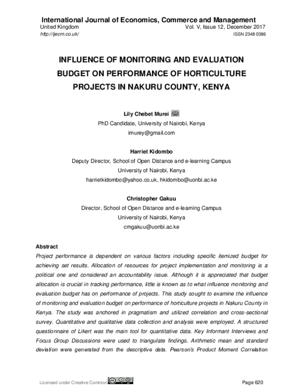 (PDF) Influence of Monitoring and Evaluation Budget on Performance of Horticulture Projects in ...