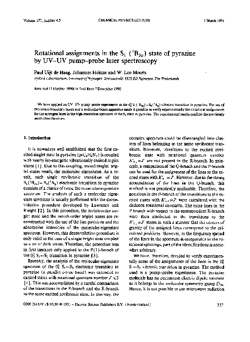 (PDF) Rotational assignments in the S1 (1B3u) state of pyrazine by UV ...