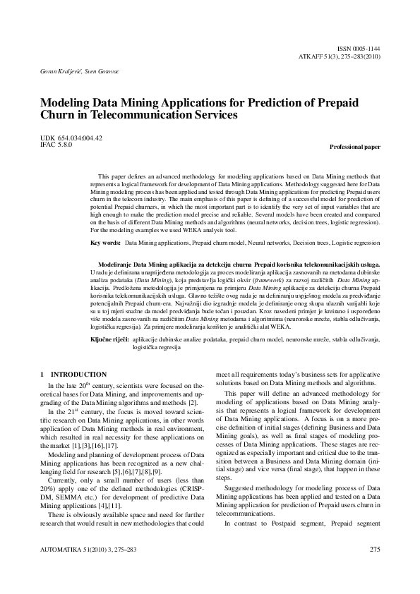 (PDF) Modeling Data Mining Applications for Prediction of Prepaid Churn in Telecommunication ...