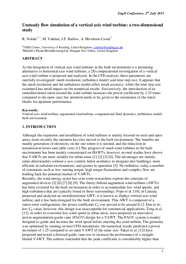 Pdf Unsteady Flow Simulation Of A Vertical Axis Wind Turbine A Two
