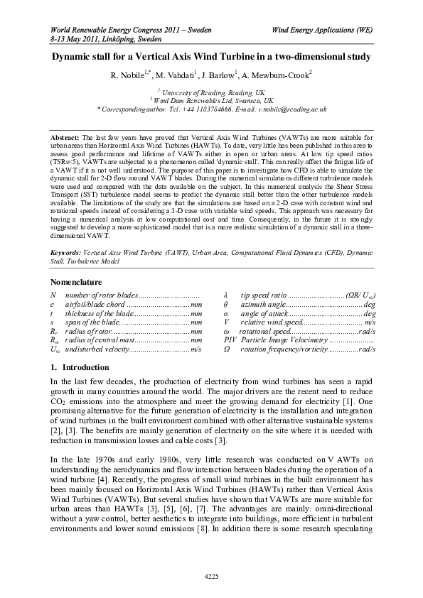 (PDF) Dynamic Stall for a Vertical Axis Wind Turbine in a Two-Dimensional Study
