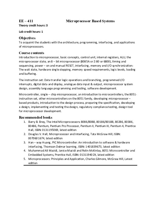(DOC) Microprocessor based theory course outline by HU under HEC