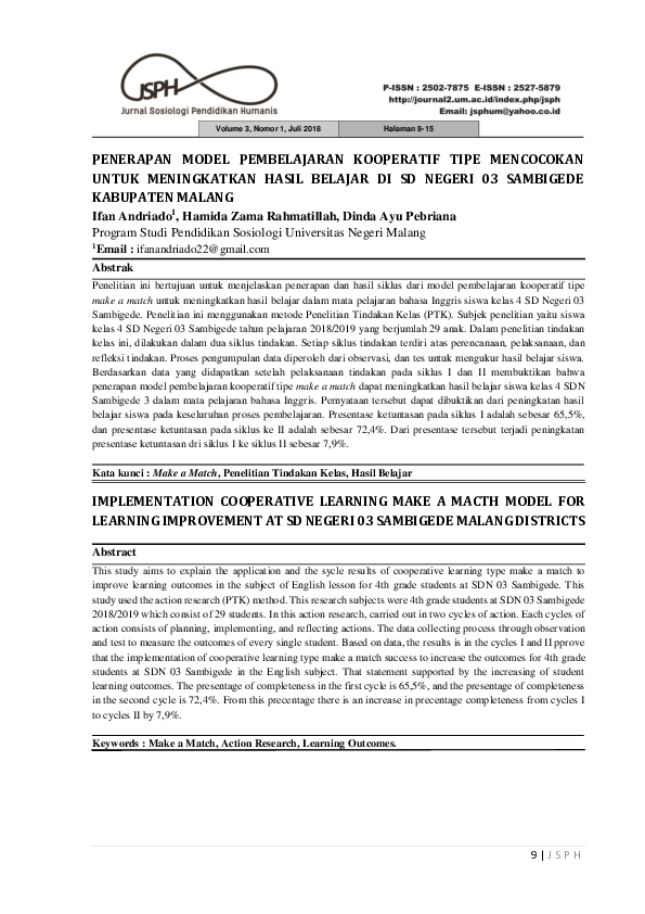 (PDF) Penerapan Model Pembelajaran Kooperatif Tipe Make a Match Untuk Meningkatkan Hasil Belajar ...