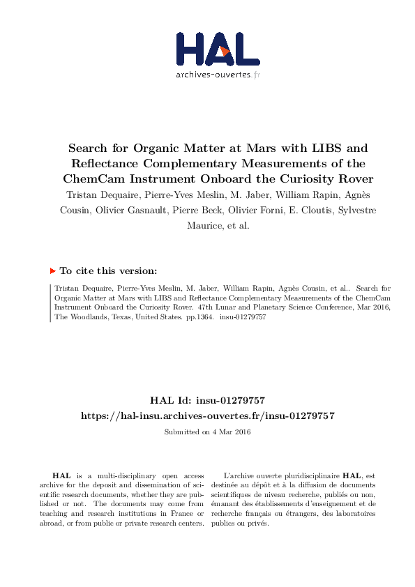 (PDF) Search for Organic Matter at Mars with LIBS and Reflectance ...