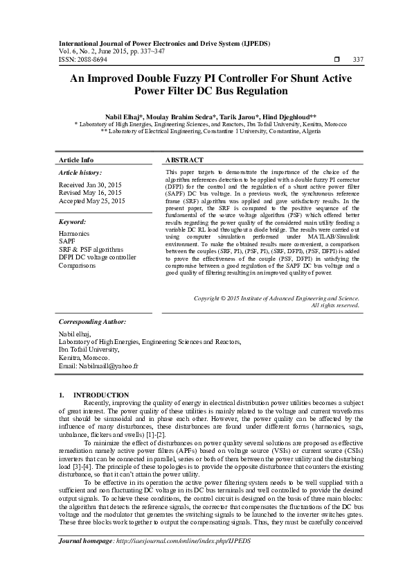 Pdf An Improved Double Fuzzy Pi Controller For Shunt Active Power