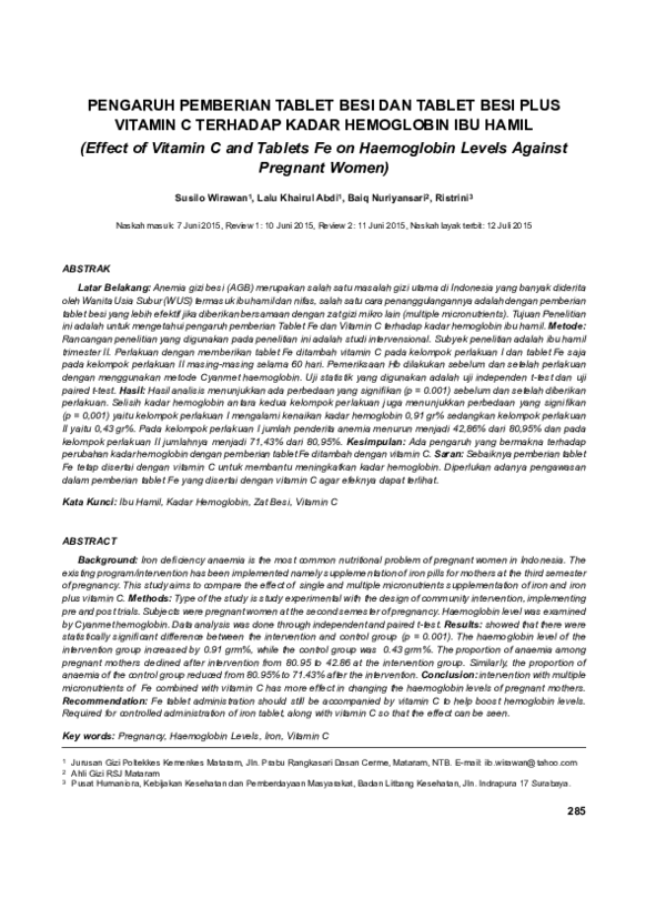 (PDF) PENGARUH PEMBERIAN TABLET BESI DAN TABLET BESI PLUS VITAMIN C ...