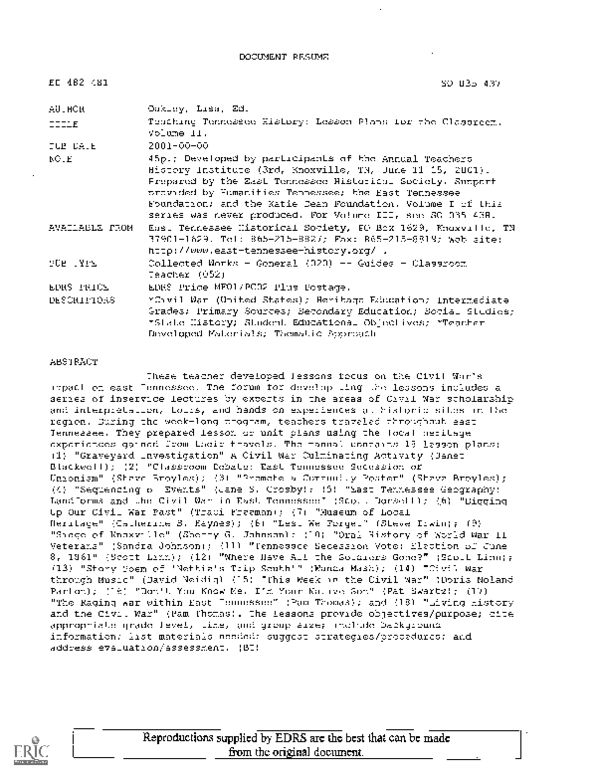 (PDF) Teaching Tennessee History: Lesson Plans for the Classroom. Volume II