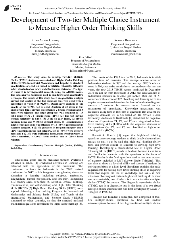 (PDF) Development of Two-tier Multiple Choice Instrument to Measure ...