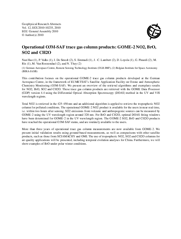 (PDF) Operational O3M-SAF trace gas column products: GOME-2 NO2, BrO ...