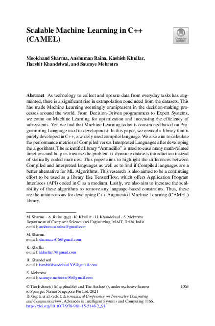(PDF) Scalable Machine Learning in C++ (CAMEL)