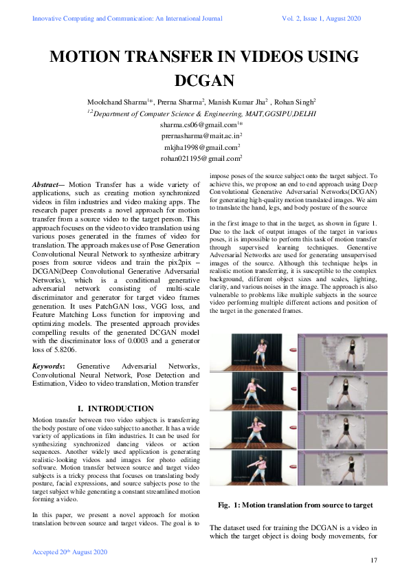 (PDF) Motion Transfer in Videos Using Dcgan | Moolchand Sharma - Academia.edu