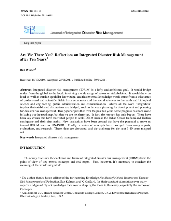 (PDF) Are We There Yet? Reflections on Integrated Disaster Risk ...