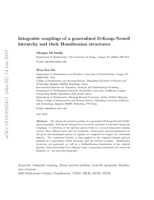 (PDF) Integrable couplings of a generalized D-Kaup-Newell soliton hierarchy and their ...