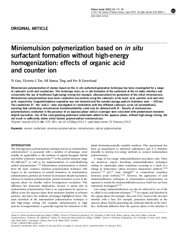 (PDF) Miniemulsion polymerization based on in situ surfactant formation ...