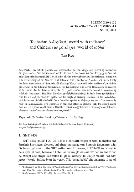(PDF) Tocharian A ārkiśoṣi ‘world with radiance’ and Chinese suo po shi ...