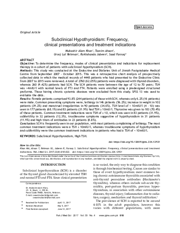 (PDF) Subclinical Hypothyroidism: Prevalence and Care