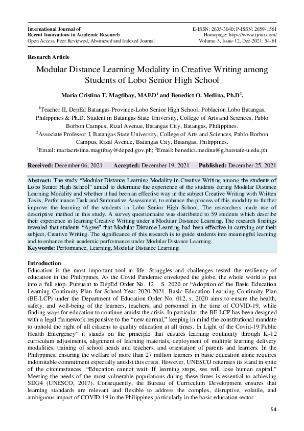(PDF) Modular Distance Learning Modality in Creative Writing among ...