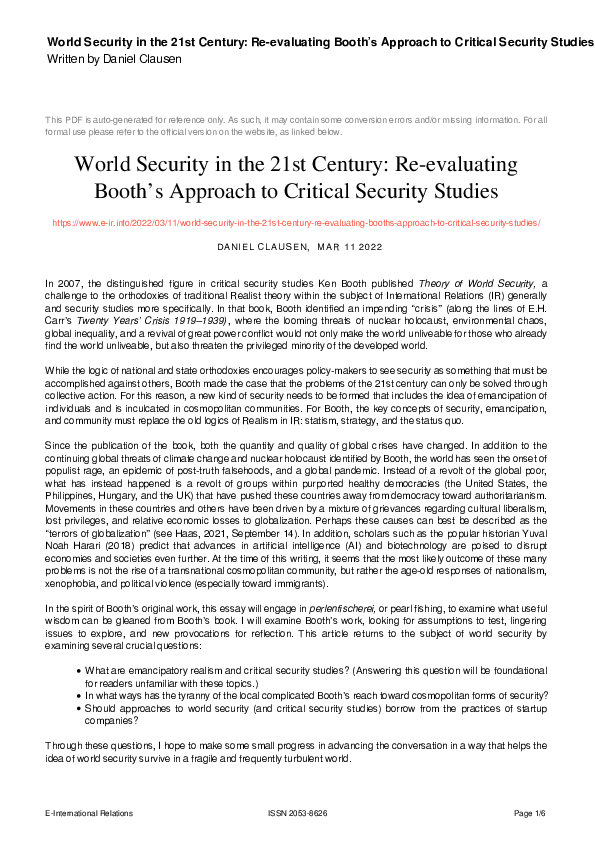 (PDF) World Security in the 21st Century: Re-evaluating Booth's ...