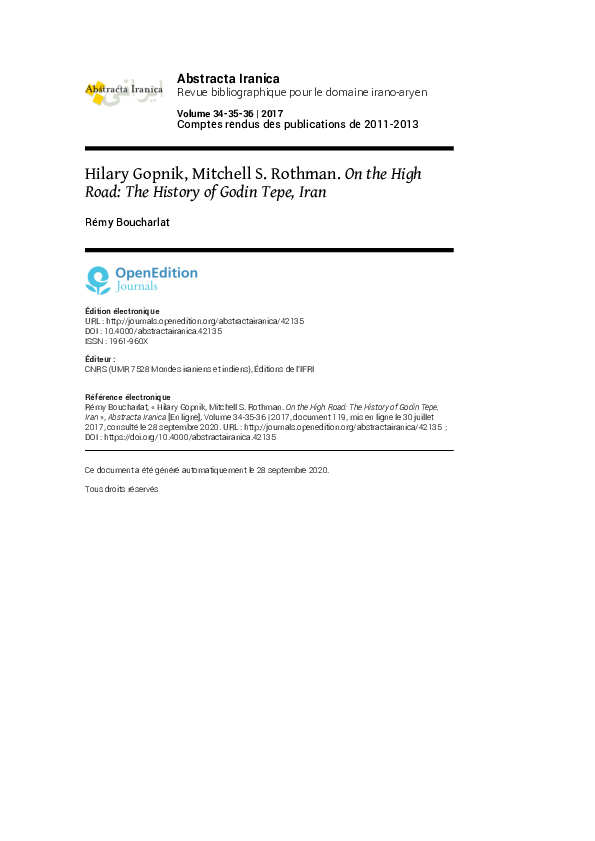 (PDF) On The High Road: The History of Godin Tepe, Iran