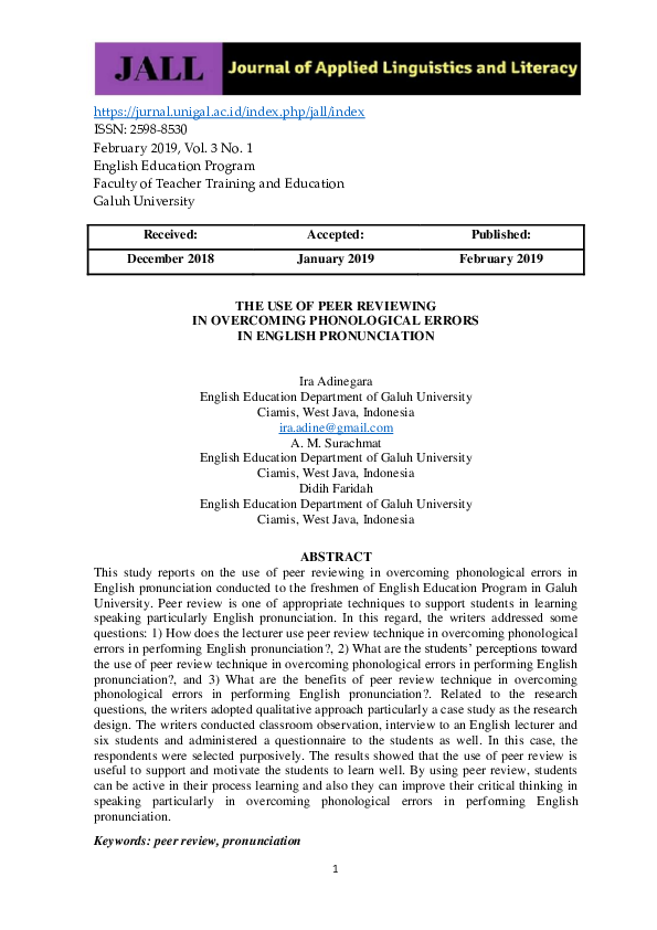 (PDF) The Use of Peer Reviewing in Overcoming Phonological Errors in English Pronunciation