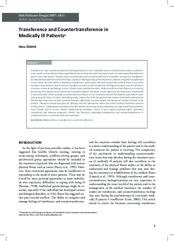 (PDF) Transference and countertransference in medically ill patients