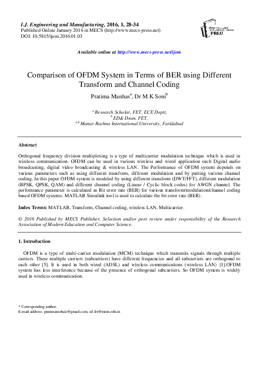(PDF) Comparison of OFDM System in Terms of BER using Different Transform and Channel Coding